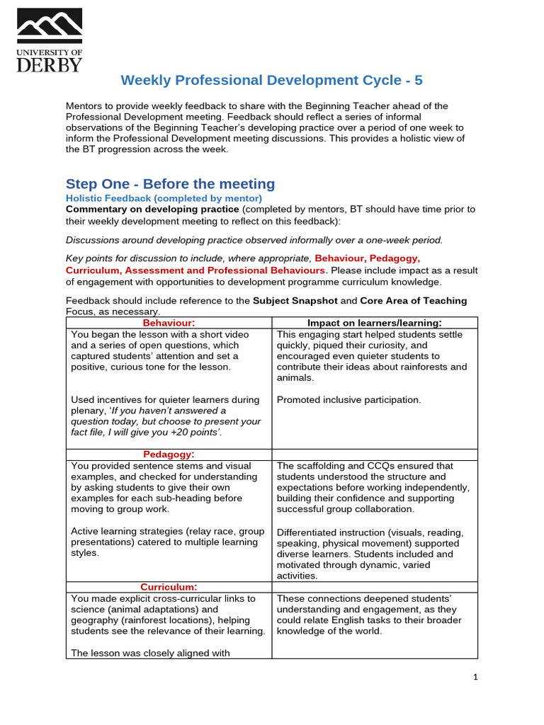 5 - Weekly Professional Development Cycle 2024-25 | PDF | Learning ...