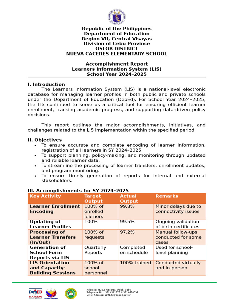 Accomplishment Report On LIS 2024-2025 | PDF | Information Technology ...