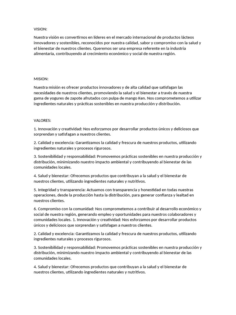 Vision, Mision, Valores | PDF | Calidad (comercial) | Sustentabilidad