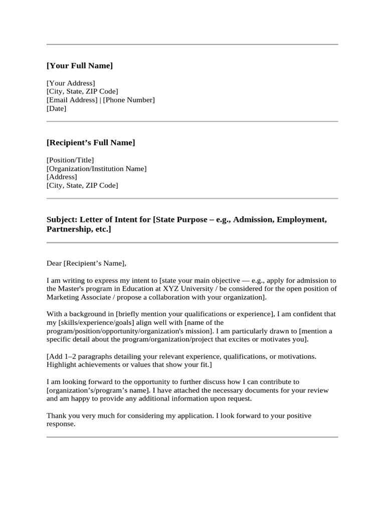 Sample Letter of Intent Template | PDF
