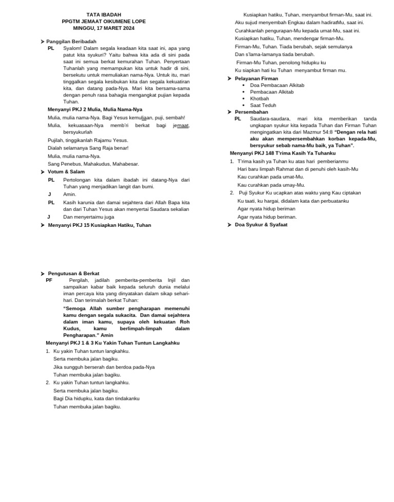 Tata Ibadah PPGTM Oikumene Lope | PDF
