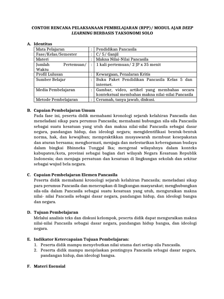 RPP Deep Learning Pancasila Kelas 5 | PDF