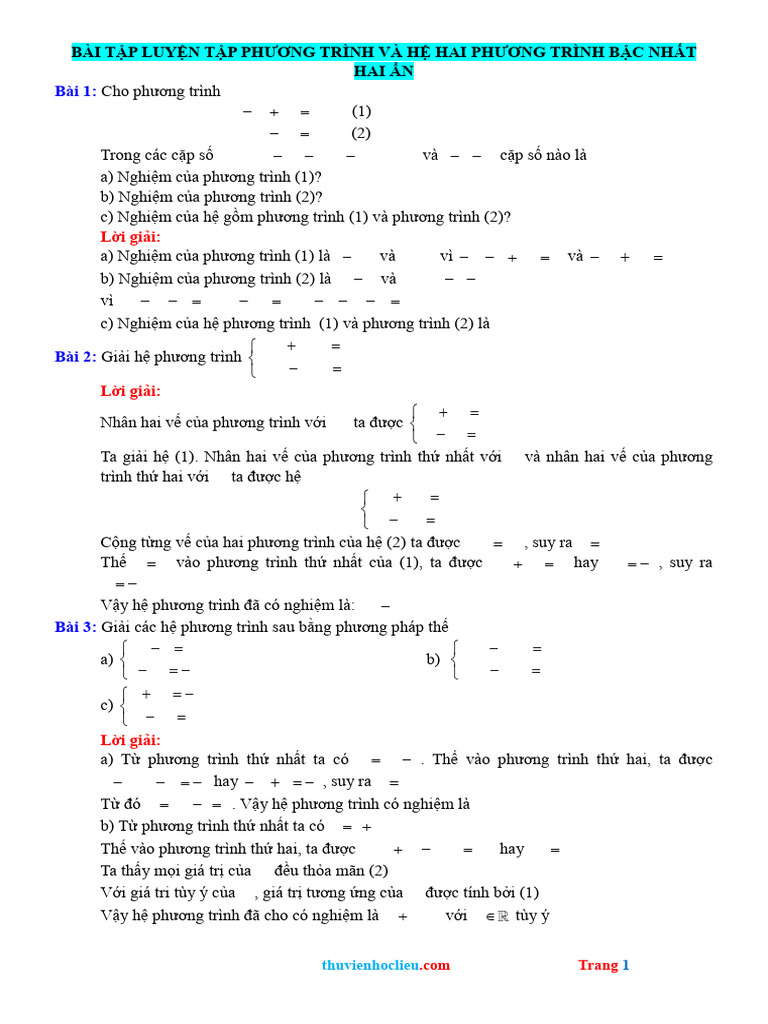Bai Tap Luyen Tap Phuong Trinh Va He Hai Phuong Trinh Bac Nhat Hai An | PDF