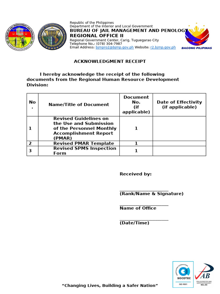 Acknowledgment Receipt for PMAR Documents | PDF