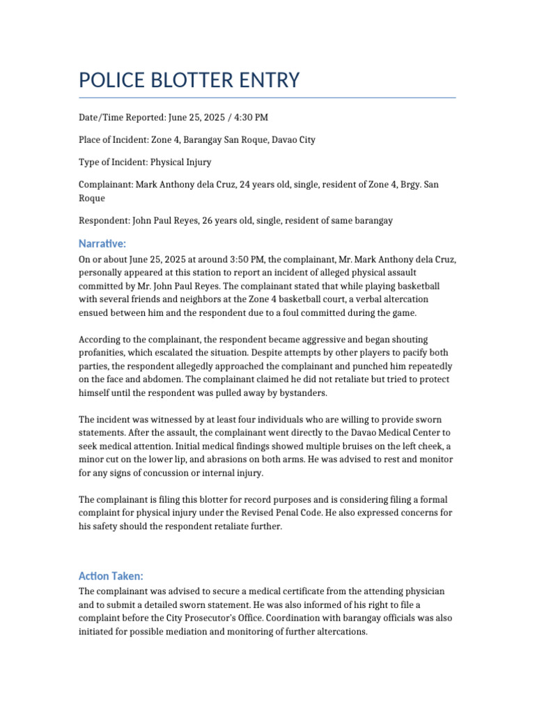 Police Blotter Entry Long Version | PDF