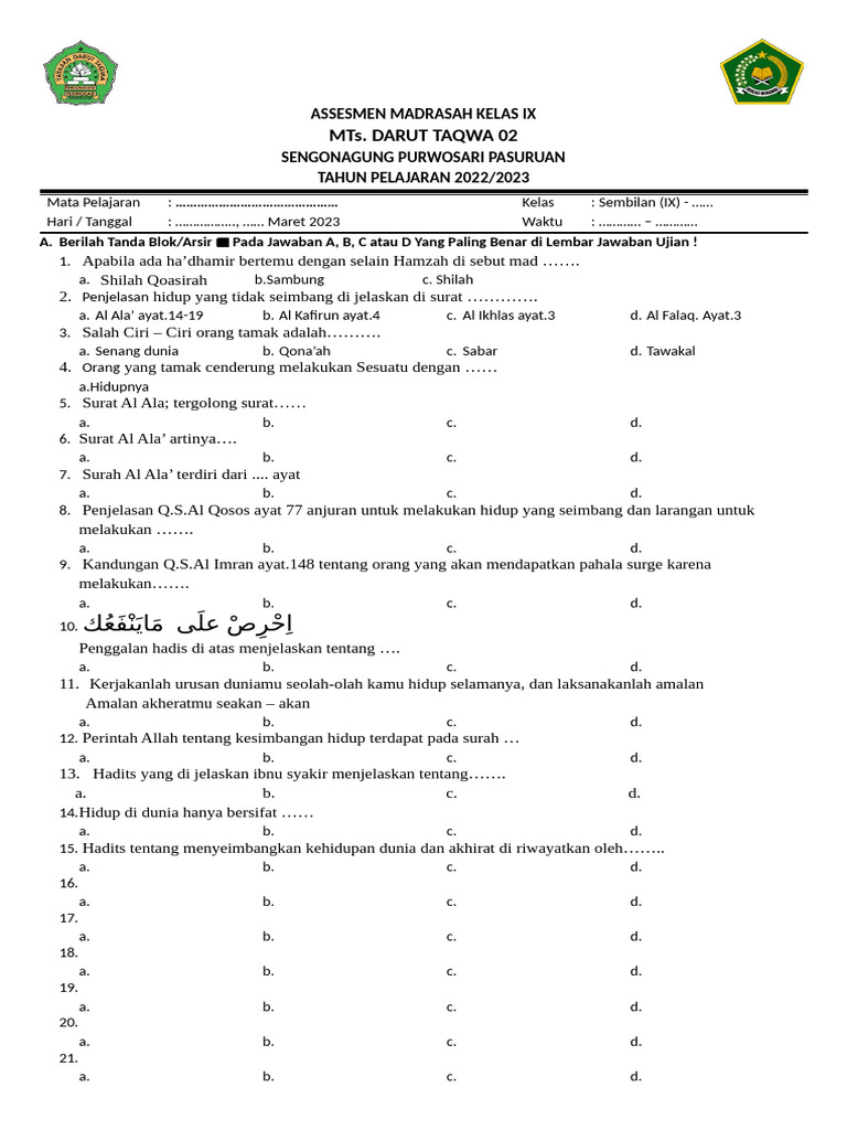 Draft Soal Assesmen Madrasah 2023 - Format Soal & Kisi-Kisi | PDF