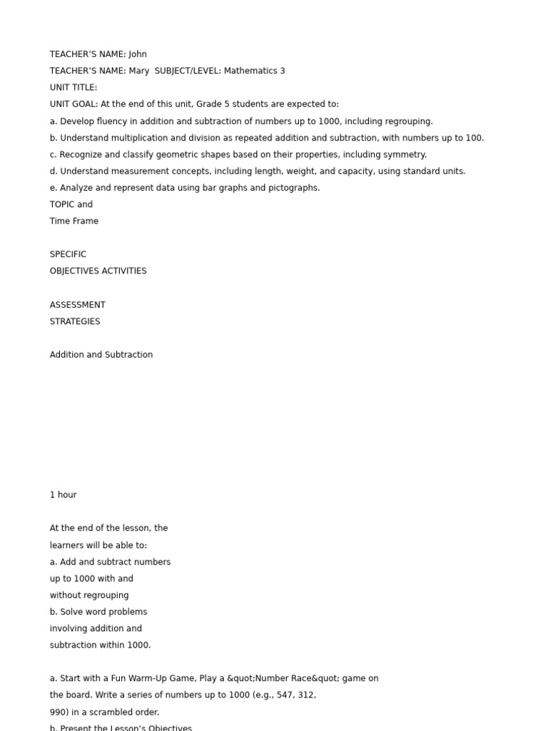 Unit Plan in Math | PDF