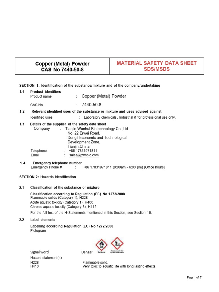 Copper Metal Powder Safety Data Sheet | PDF | Chemical Substances ...