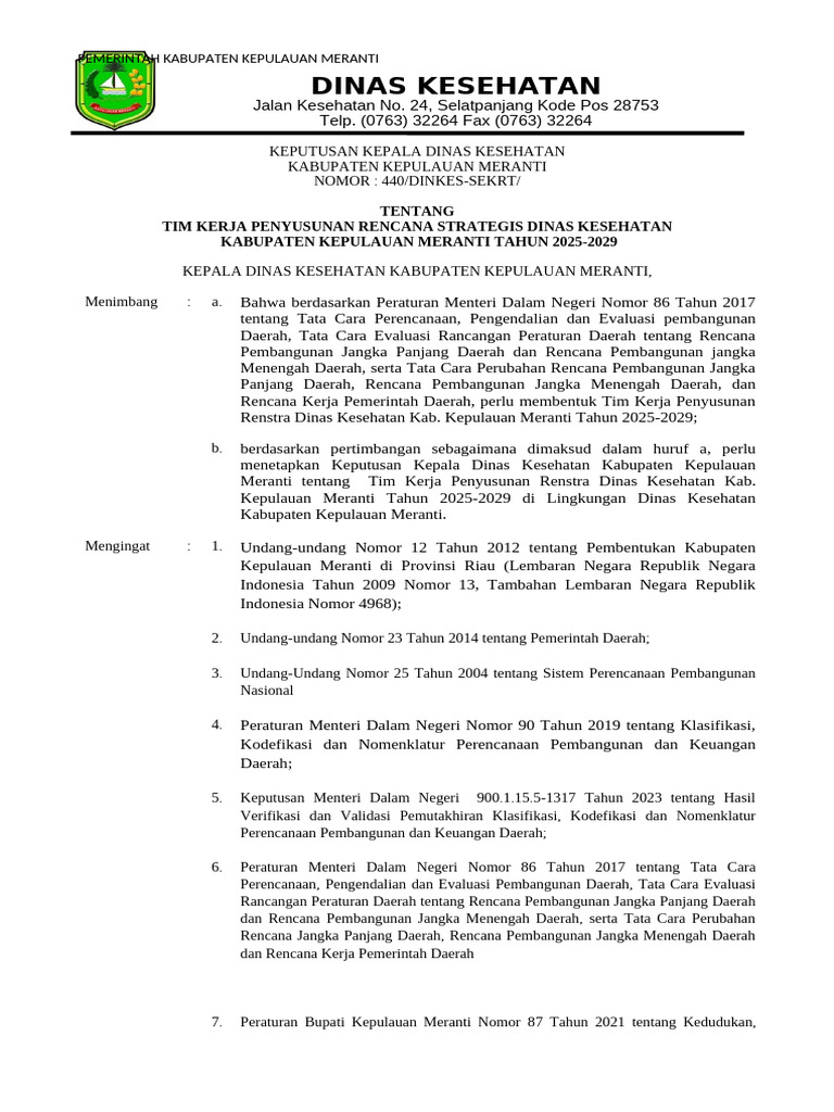 SK Tim Kerja Penyusunan Renstra Dinkes 2025-2029 - Draft | PDF