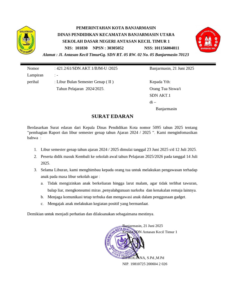 Surat Edaran Libur Semester 2 | PDF