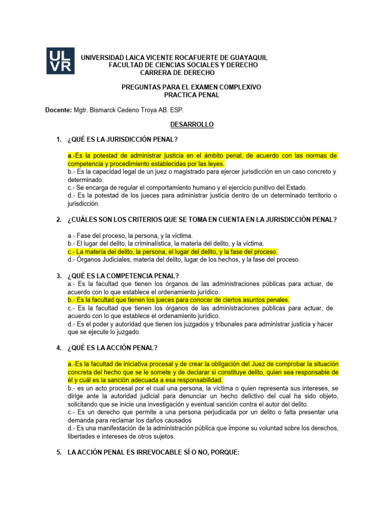 Banco de Preguntas Practica Penal 1 Parcial | PDF | Fiscal | Judicaturas