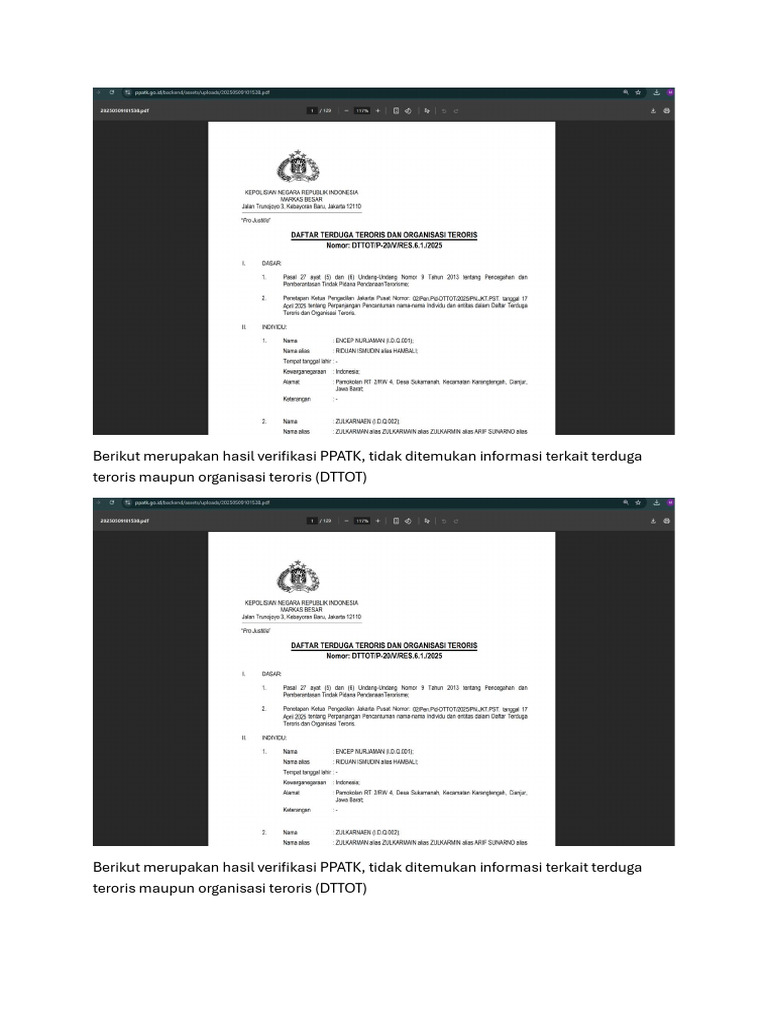 Hasil Verifikasi DTTOT oleh PPATK | PDF