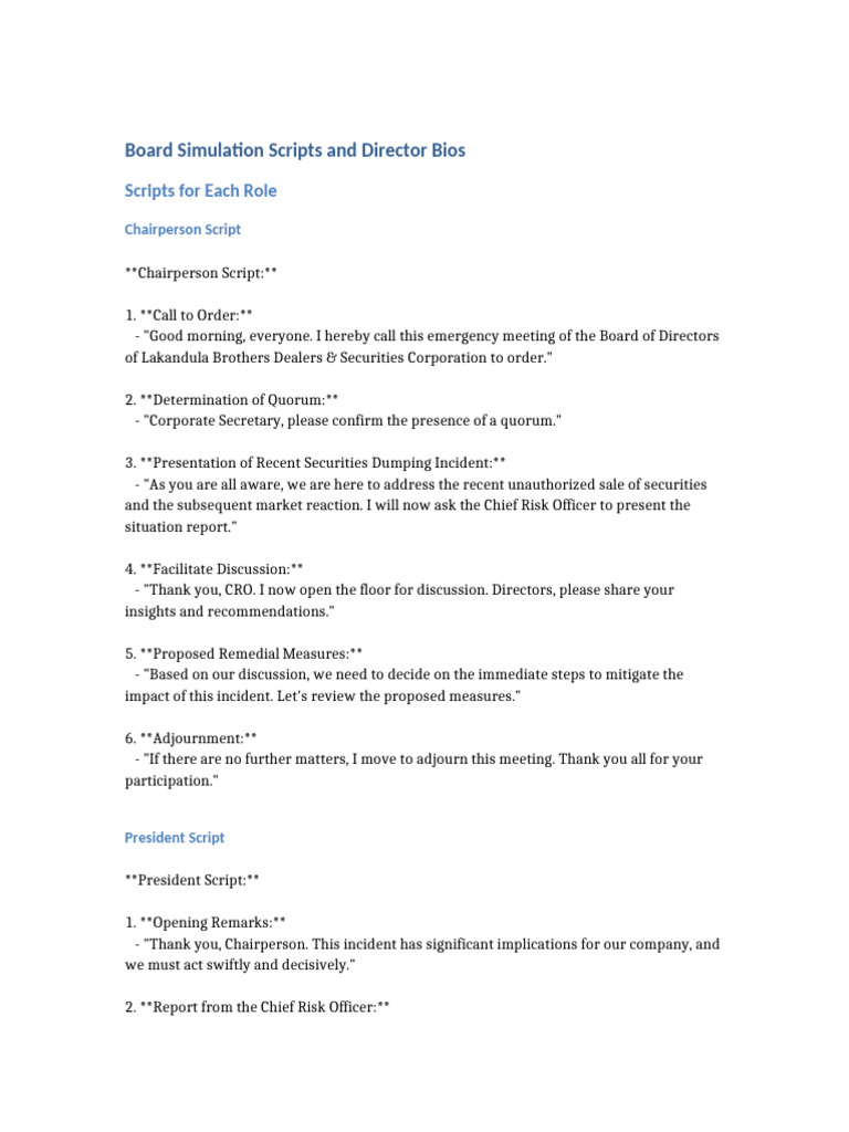 Board Simulation Scripts and Director Bios | PDF | Risk | Economies