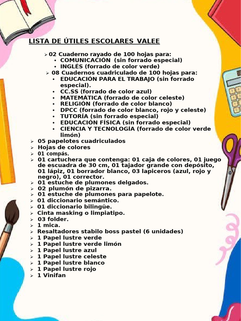 Lista de Útiles Escolares - 2025 Valee | PDF