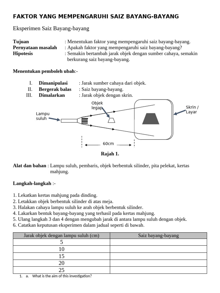 Faktor Yang Mempengaruhi Saiz Bayang - Eksperimen 1 | PDF