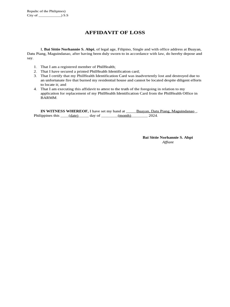 Notarized Affidavit of Loss for PhilHealth | PDF