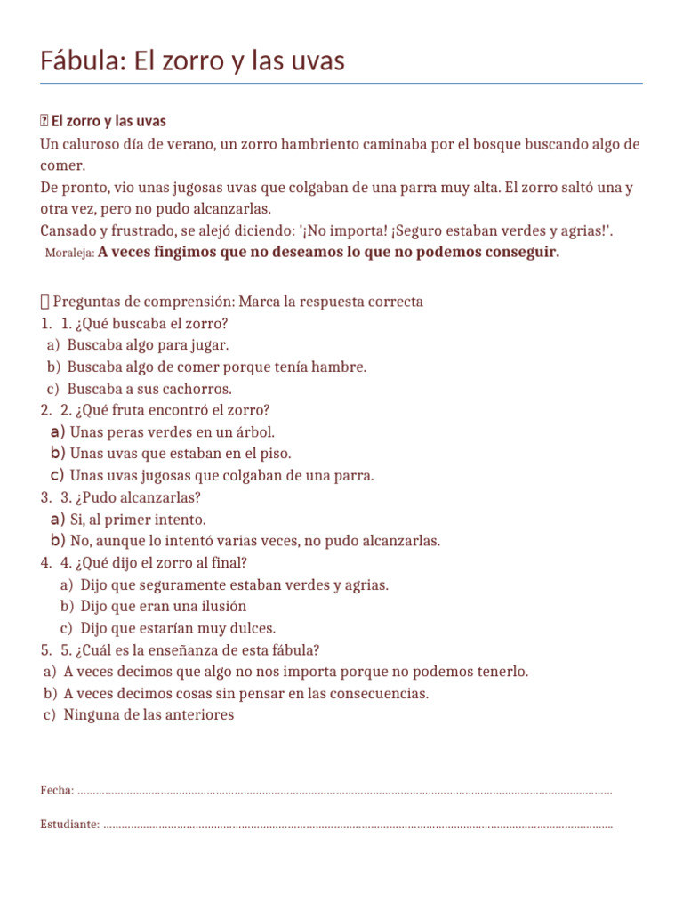 Fabula El Zorro y Las Uvas | PDF