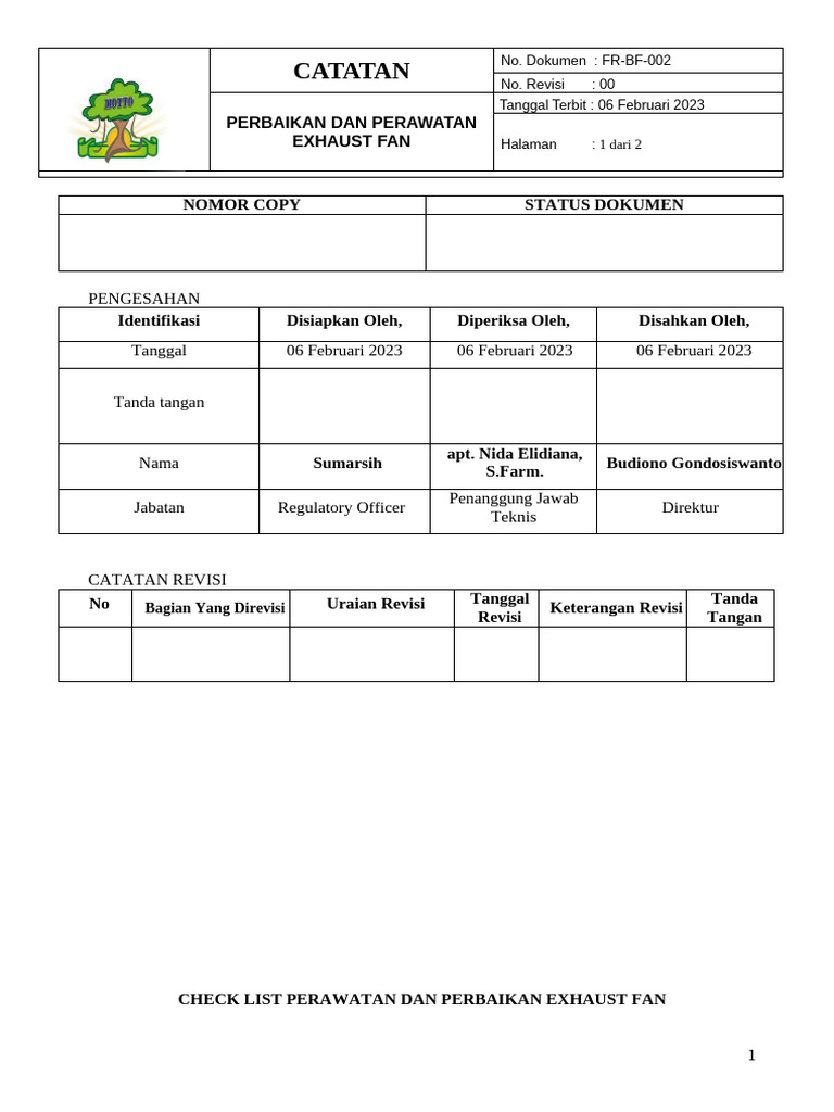 Checklist Perawatan Exhaust Fan | PDF