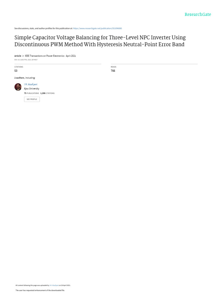 Simple Capacitor Voltage Balancing For Three-Level NPC Inverter Using Discontinuous PWM Method ...