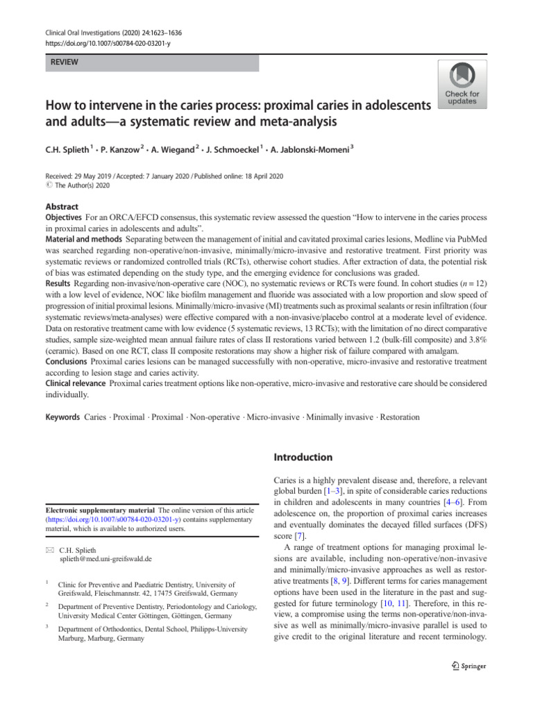 Proximal Caries Intervention Systematic Review and Meta-Analysis (Splieth CH, 2020) | PDF ...