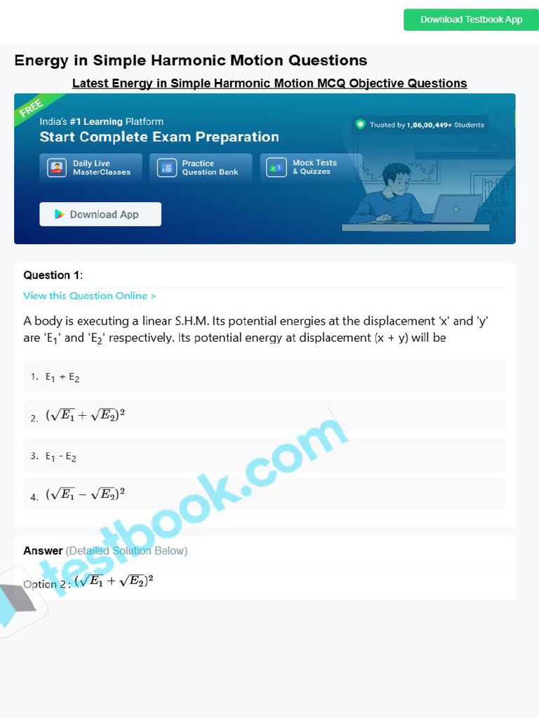 MCQ On Energy in Simple Harmonic Motion 5eea6a1339140f30f369ef91 | PDF
