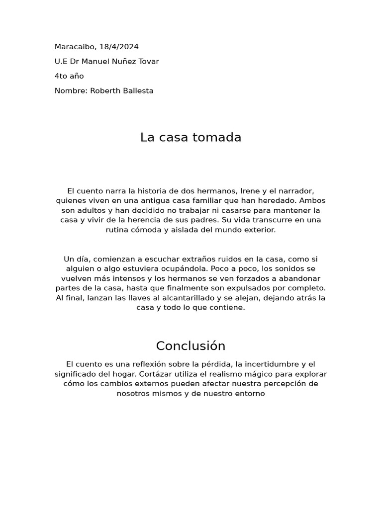 Análisis de "La casa tomada" de Cortázar | PDF