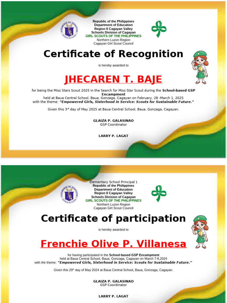 GSP BSP Cert of Participation and Recognition | PDF | Scouting And Guiding | Youth Organizations