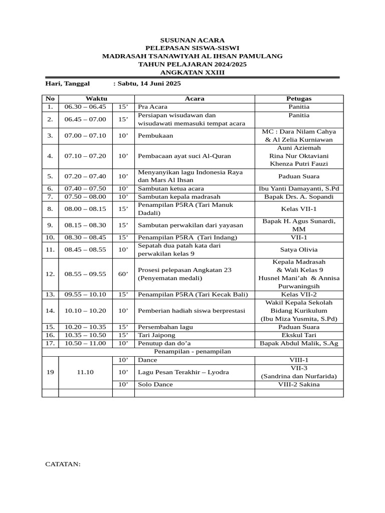 Susunan Acara Wisuda Kelas 9 Angkatan 23 - Edit Benar | PDF