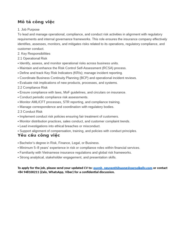 JD - Operational, Compliance & Conduct Risk Manager (Life Insurance ...