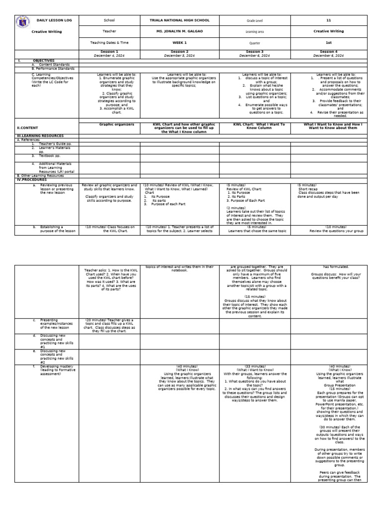 Daily Lesson Log-Creative2018 | PDF | Senses