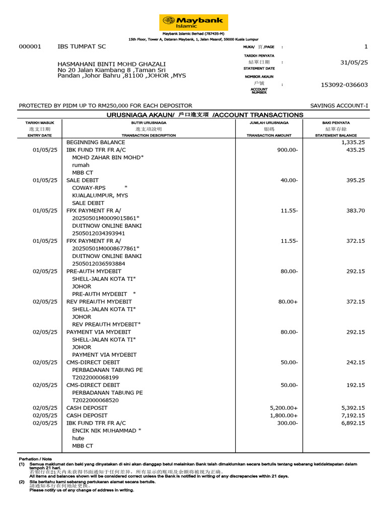 Urusniaga Akaun/ /account Transactions: 000001 Ibs Tumpat SC 1 31/05/25 ...