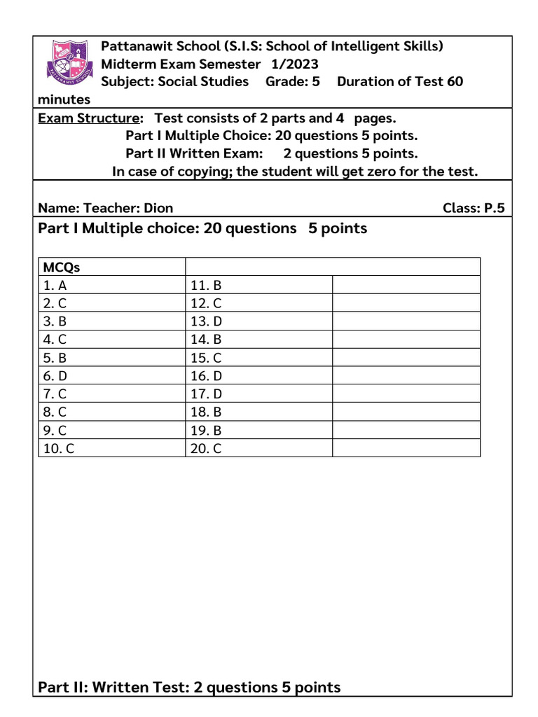 Social Studies Answer Keys p5 | PDF