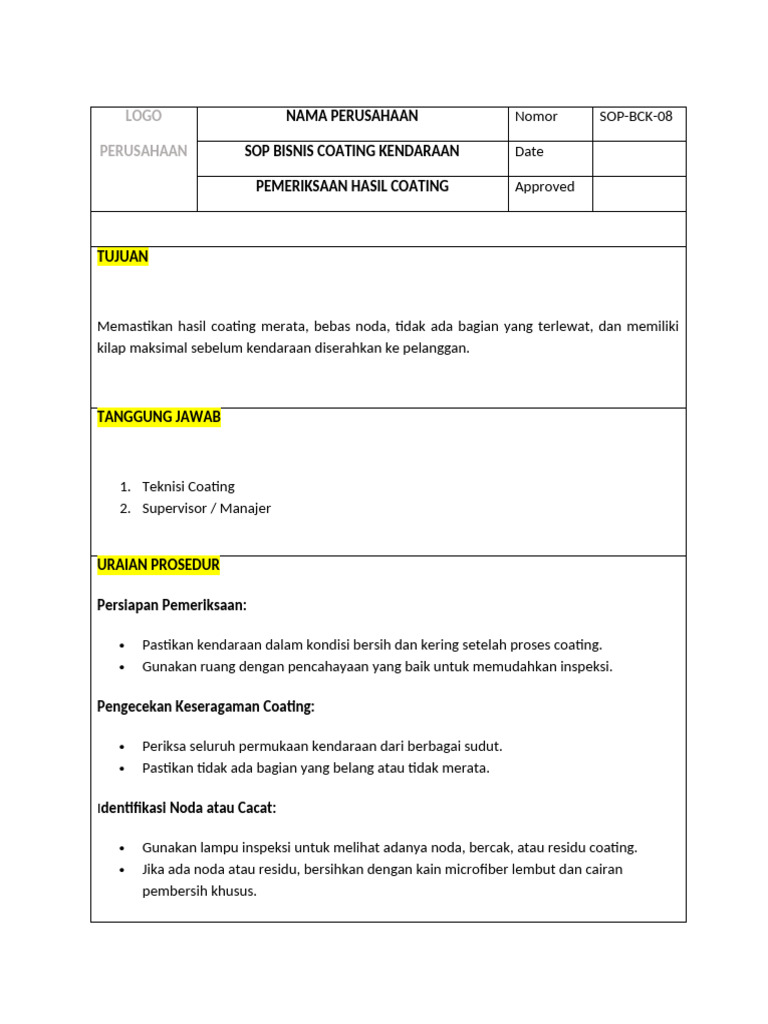 SOP Pemeriksaan Hasil Coating Kendaraan | PDF
