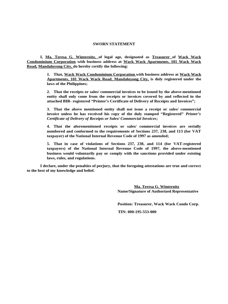 Sworn Statement of Wack Wack Condo Corp. | PDF