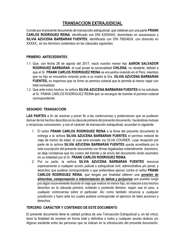 Transaccion Extrajudicial (Frank Rodriguez) | PDF | Jurisdicción