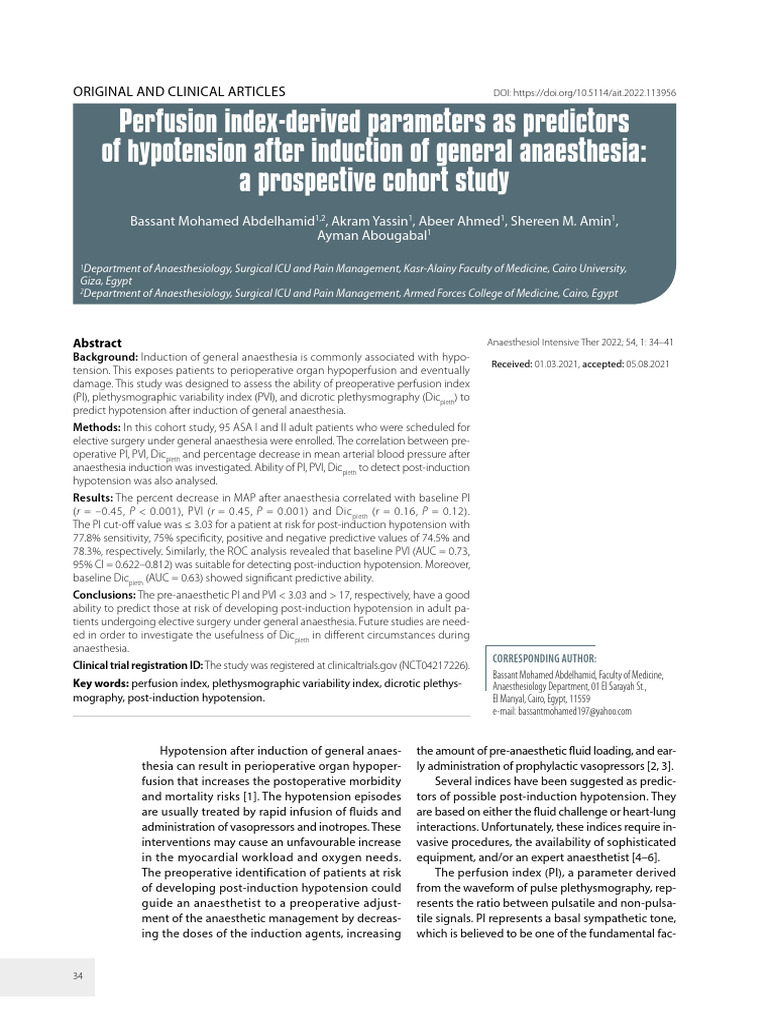 Perfusion Index-Derived Parameters As Predictors of Hypotension After ...