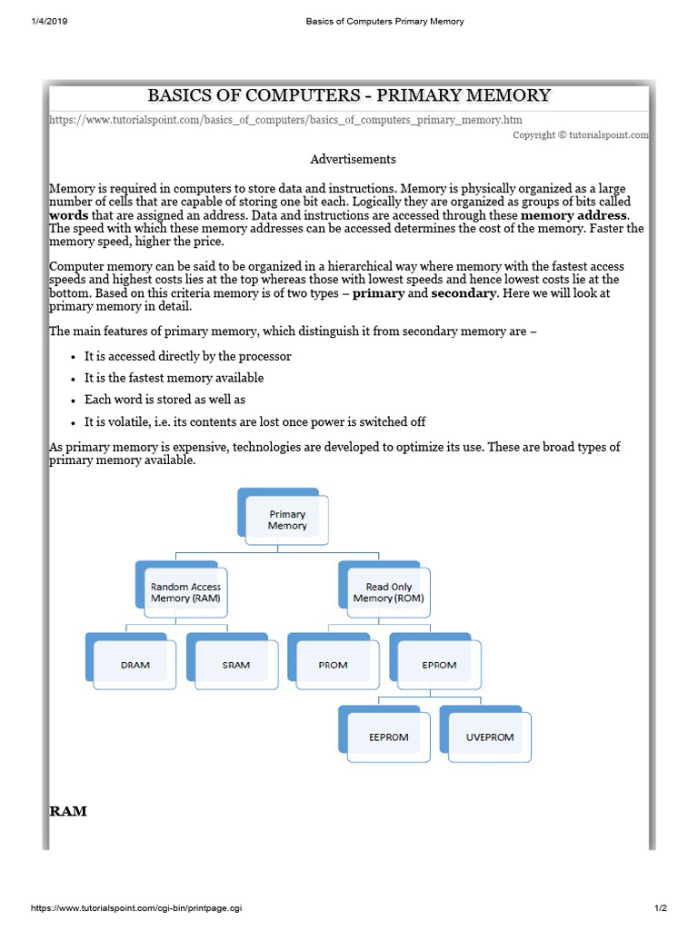 Basics of Computers Primary Memory | PDF | Random Access Memory | Read Only Memory