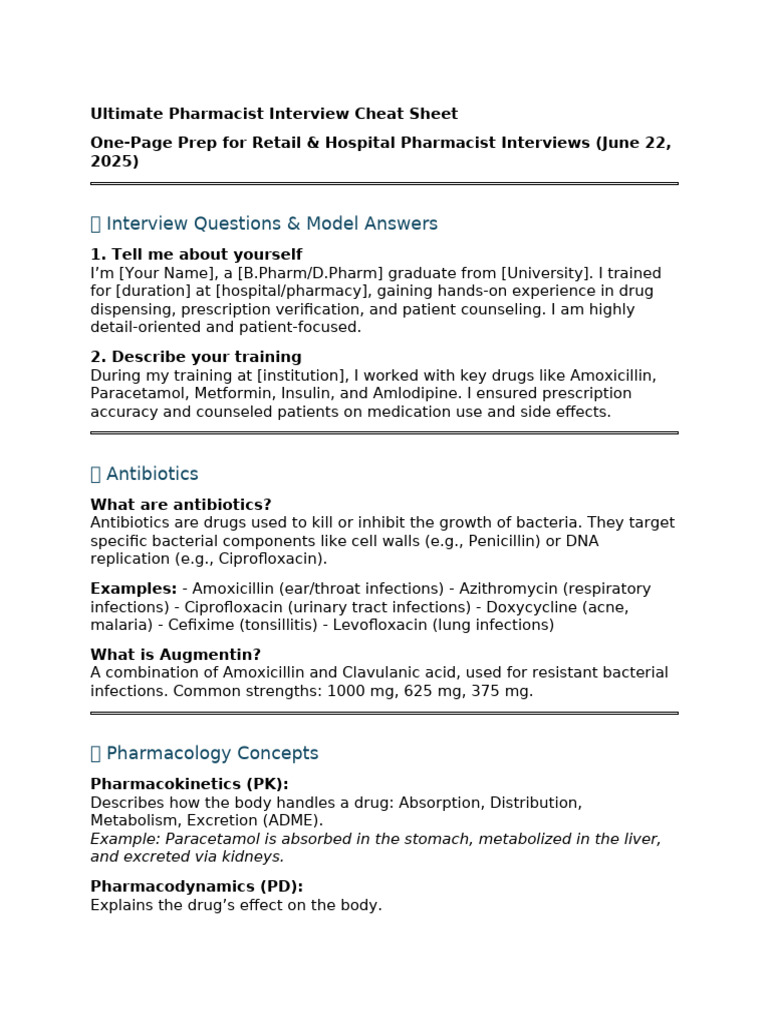 Pharmacist Interview Notes | PDF | Medicinal Chemistry | Medicine