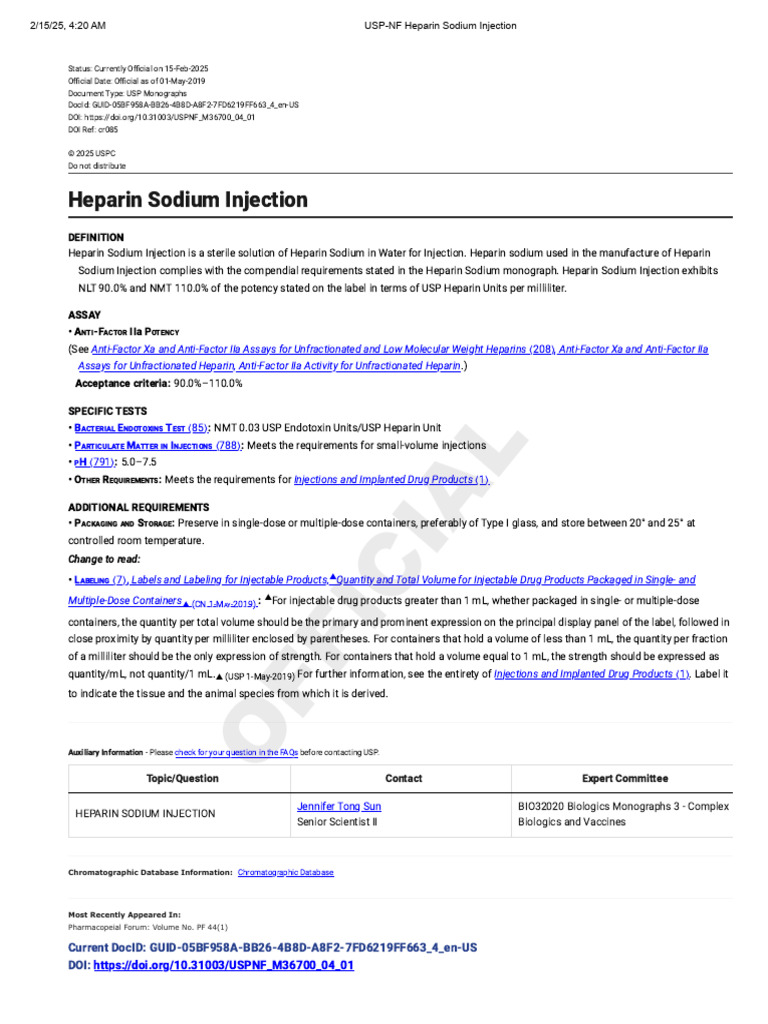 Heparin Sodium Injection USP Monograph | PDF