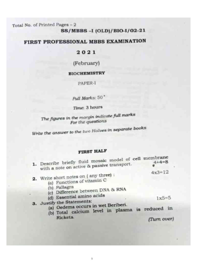Biochemistry Paper I (OLD) February 2021 SSUHS | PDF