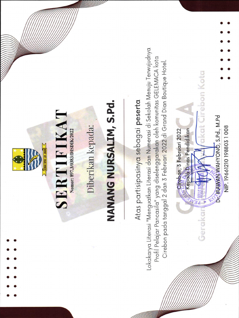 Sertifikat Lokakarya Literasi Nanang001 | PDF