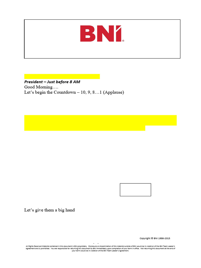 BNI Chapter Meeting Script Overview | PDF