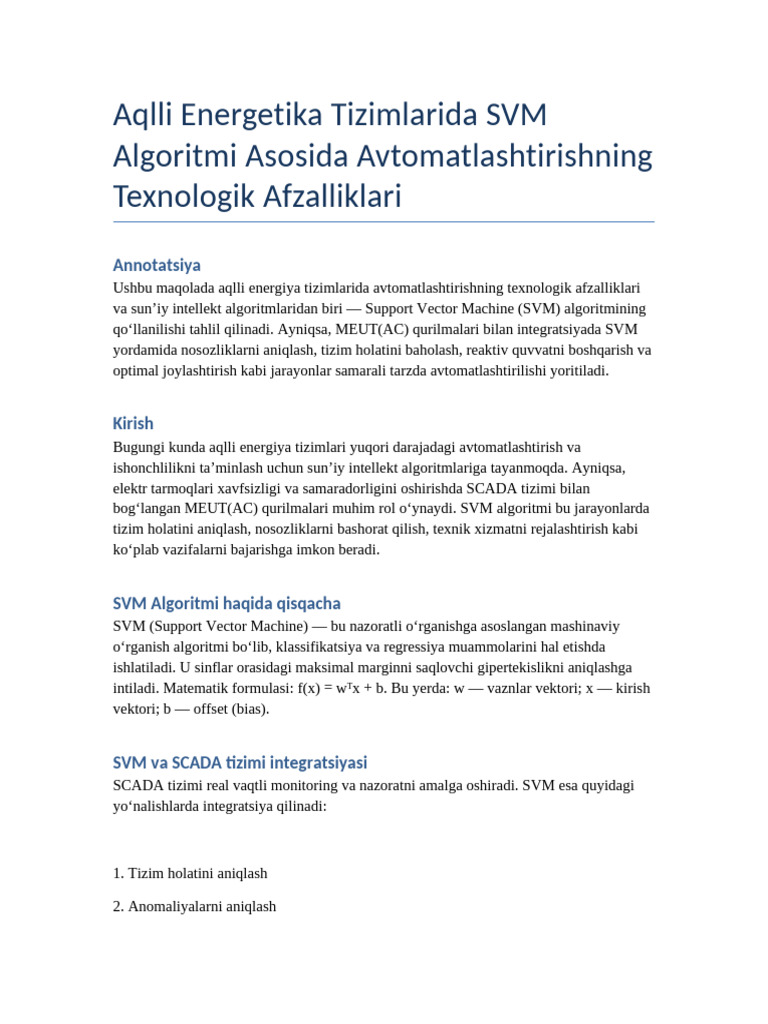 SVM Aqlli Energiya Tizimi | PDF