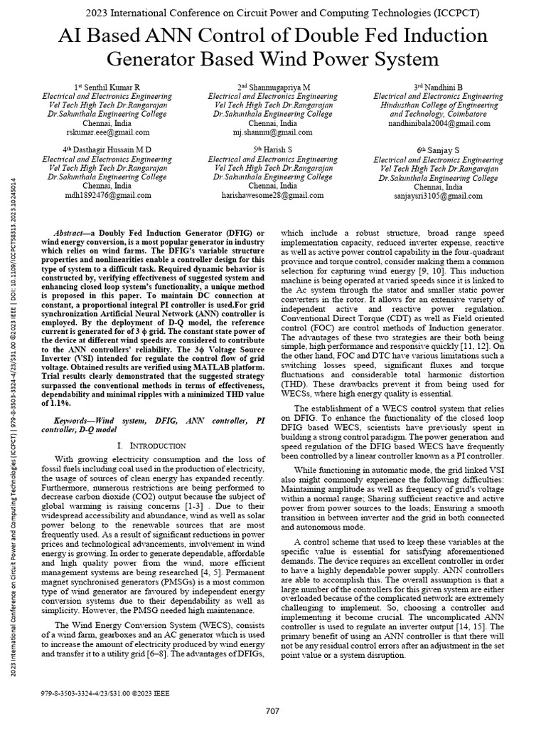 AI Based ANN Control of Double Fed Induction Generator Based Wind Power System | PDF | Power ...