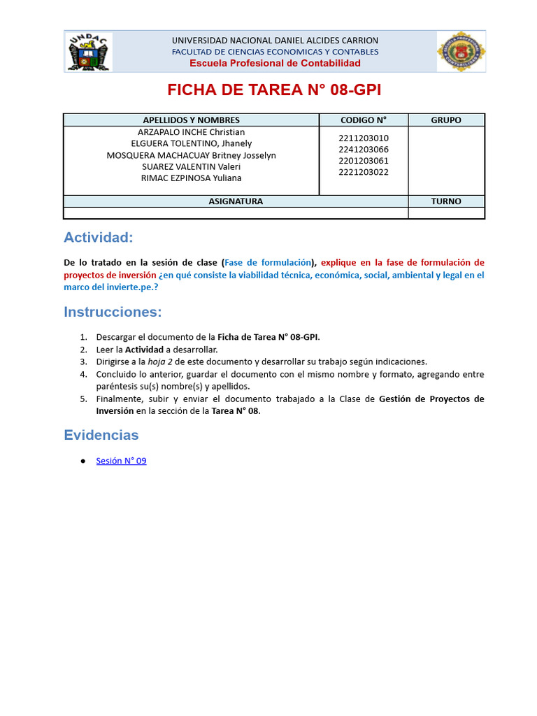 Ficha de Tarea #08-GPI - Fase Formulación | PDF