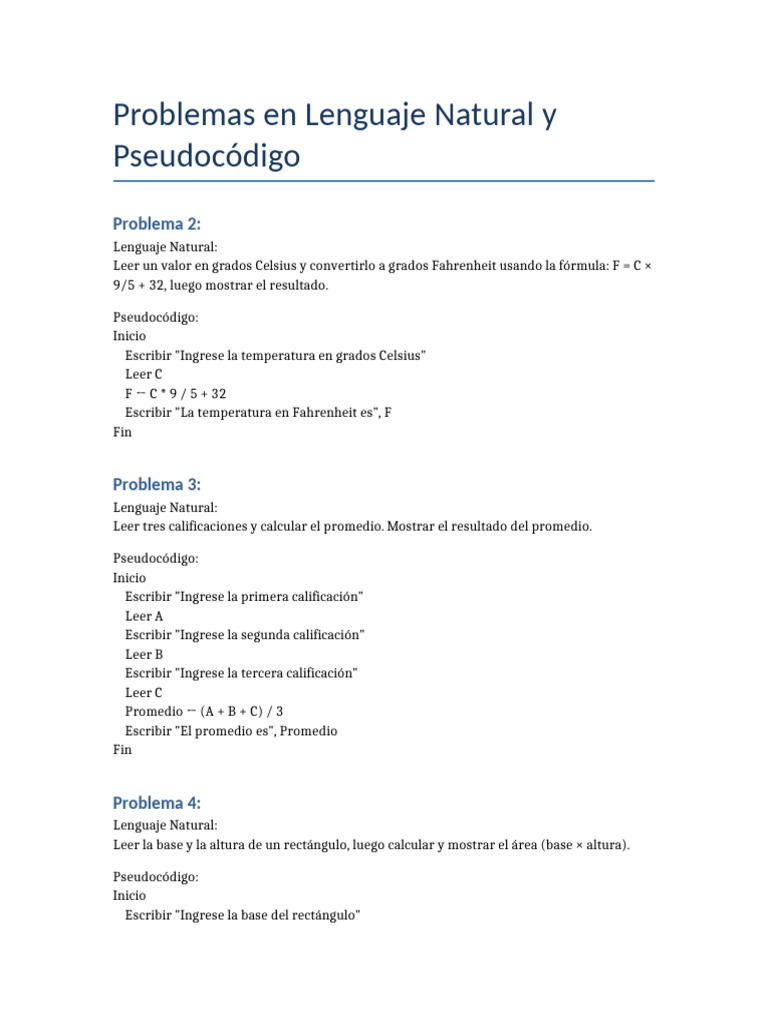 Problemas Lenguaje y Pseudocodigo | PDF