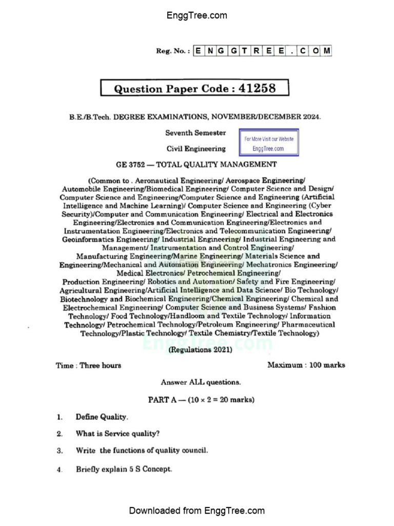GE3752 Total Quality Management Nov Dec 2024 Question Paper Download | PDF