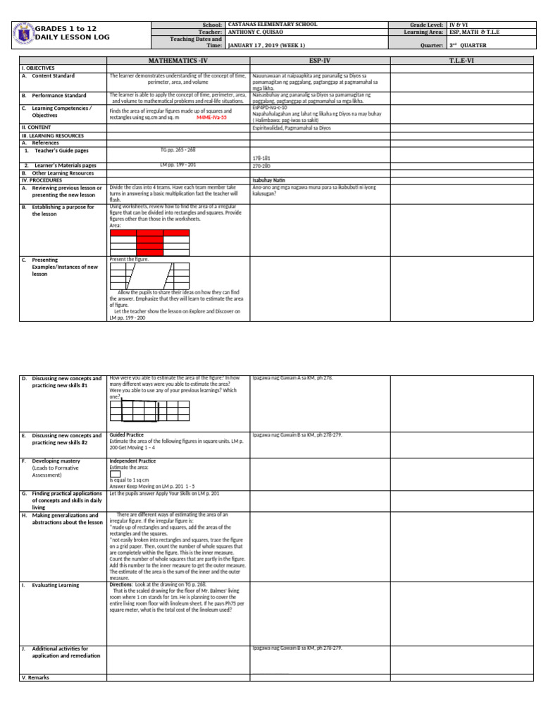 4th DLL - 3subject Areas WEEK 1 4 | PDF | Area | Cognition