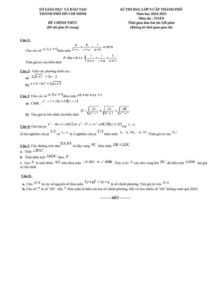 050 - hsg Toán 9 Tỉnh Hcm Năm 24-25 | PDF