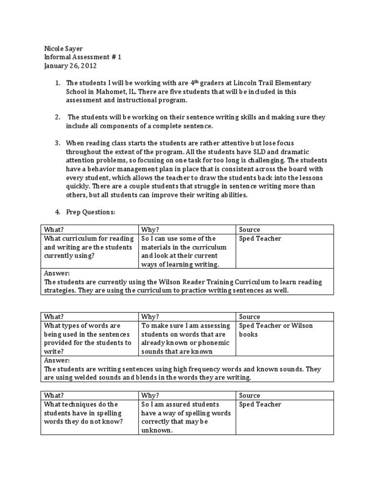 Sentence Writing Informal Assessment | PDF | Educational Assessment ...